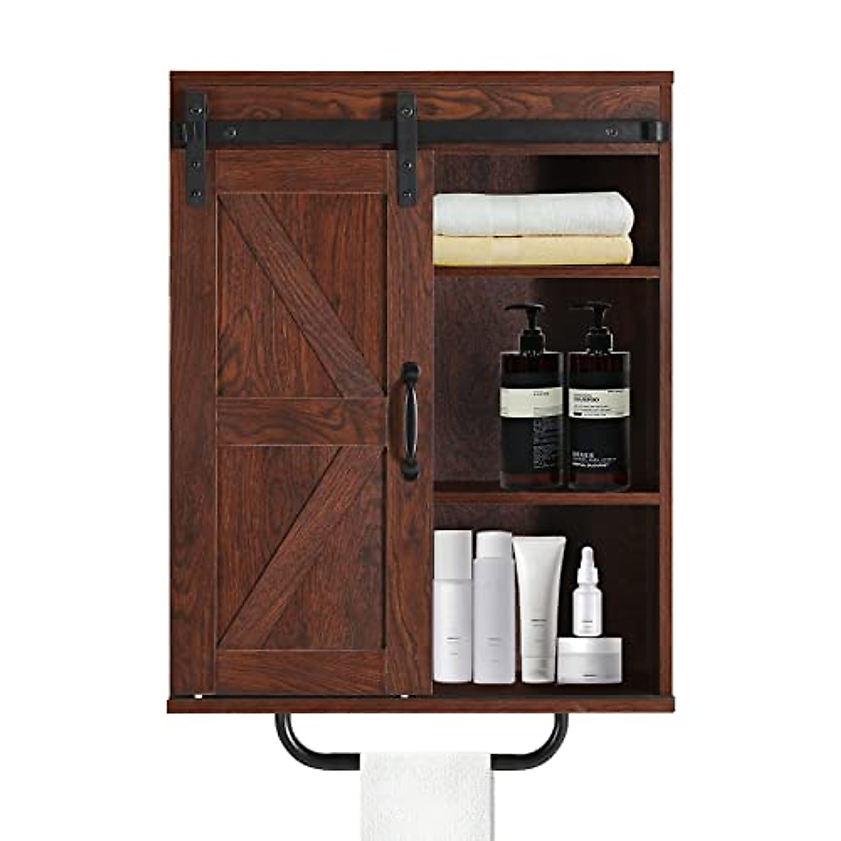 LUCKWIND Bathroom Farmhouse Medicine Cabinet with Sliding Barn Door, Retro Rustic Brown Wall Mounted Bathroom Cabinet w/Removable Towel Bar,Spaces Saving Storage Cabinet for Bathroom,Kitchen,Entryway