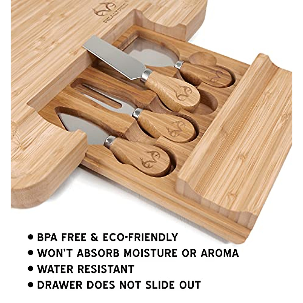 Realtree Bamboo Charcuterie Cheese Board & Knife Set, Serving Platter Tray with Cutlery Set, Housewarming Gifts, Entertaining, Cheese Serving Plate, Large Cheese Charcuterie Board