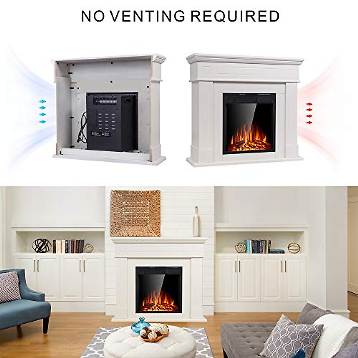 JAMFLY Electric Fireplace Mantel Package Wooden Surround Firebox TV Stand Free Standing Electric Fireplace Heater with Logs, Adjustable Led Flame, Remote Control, 750W-1500W, Lvory White…
