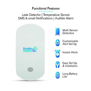SimpleSENCE Water Leak and Freeze Detector, Smart WiFi Water and Freeze Sensor with Audible Alarm and Text & E-Mail Notification. Continuous Monitoring for Your Home and Investment Property (1 Pack).