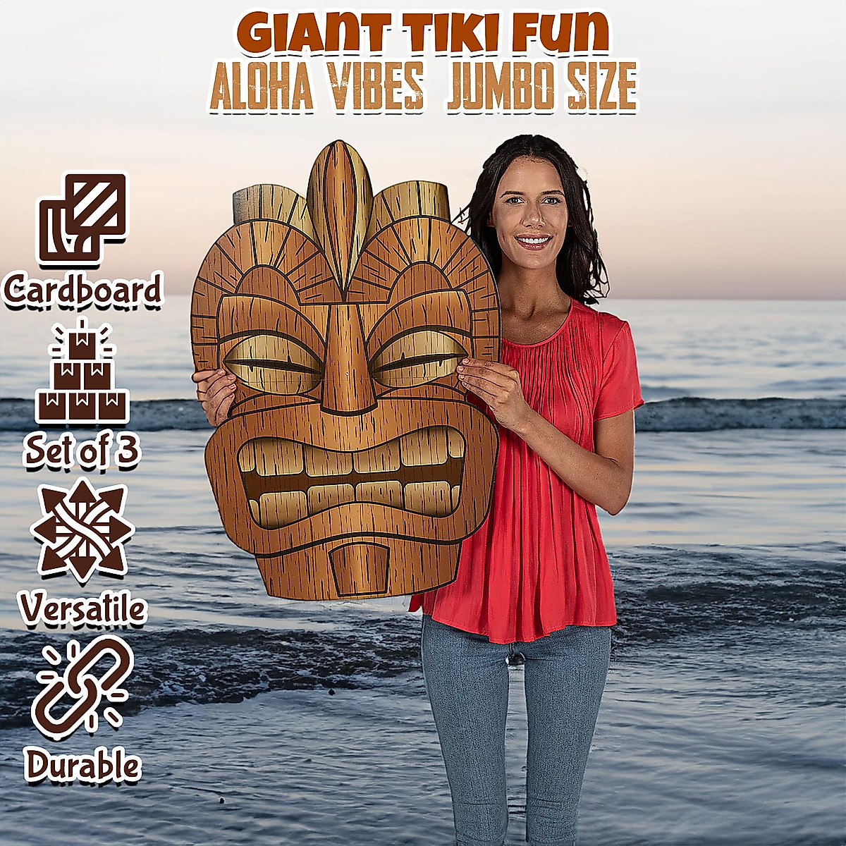 Fun Express Jumbo Tiki Cardboard Cutout - Transform Any Space with Set of 3 Pieces Jumbo Tiki Cutouts - Create Unforgettable Memories and Enjoy Long-Lasting Tropical Fun - Effortless Luau Decor