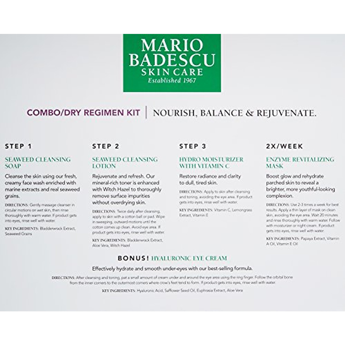 Mario Badescu Combo/Dry Regimen 5 Piece Kit, Skincare Gift Set Includes Seaweed Cleansing Soap, Seaweed Cleansing Lotion, Hydro Moisturizer, Enzyme Revitalizing Mask, and Hyaluronic Eye Cream