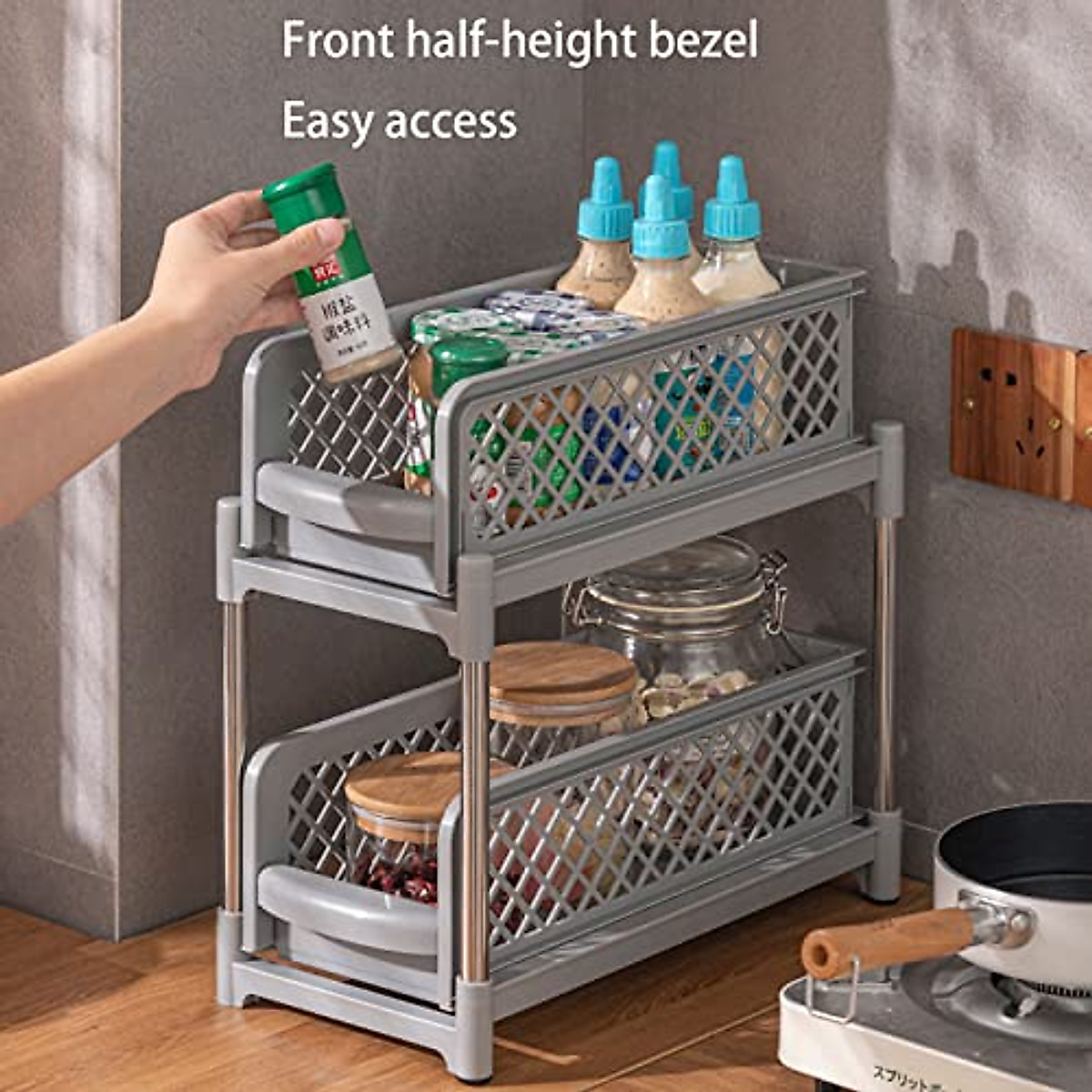 LIFOND Under Sink Storage Under Sink Organizer Storage, 2 Tier Sliding Cabinet Basket Pull Out Organizer Drawer, Kitchen Organization Cabinet Storage Rack, for Bathroom Countertop White, White