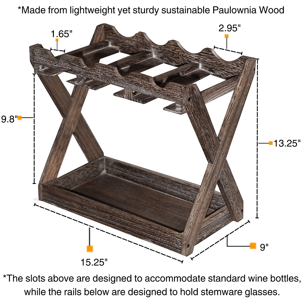 Rustic State Cava Countertop Solid Wood Wine Rack for 4 Bottles and 6 Stemware Glass Holder Cork Storage Tabletop Tray Freestanding Organizer - Home, Kitchen, Dining Room Bar Décor - Walnut