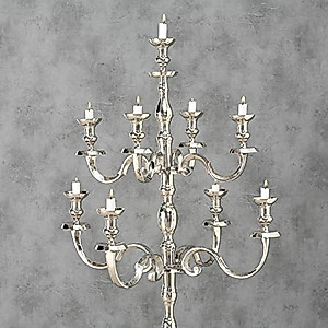 Whole House Worlds Hamptons Tall Nine Candle Silver Candelabra, Handcrafted of Silver Aluminum Nickel, 6 Feet Tall (71 Inches Tall -180 cm) for 9 Candles cm. Aluminium. Freestanding
