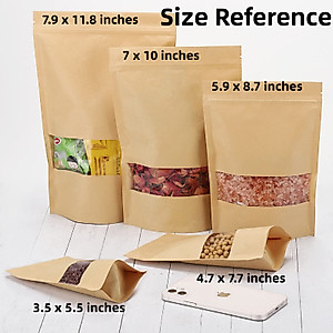 100pcs Kraft Paper Treat Bags with Window, Ziplock Stand Up Pouches for Packing Food Cookies Snacks