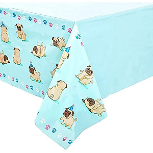 Pug Tablecloth for Dog Birthday Party (Blue, 54 x 108 Inches, 3 Pack)