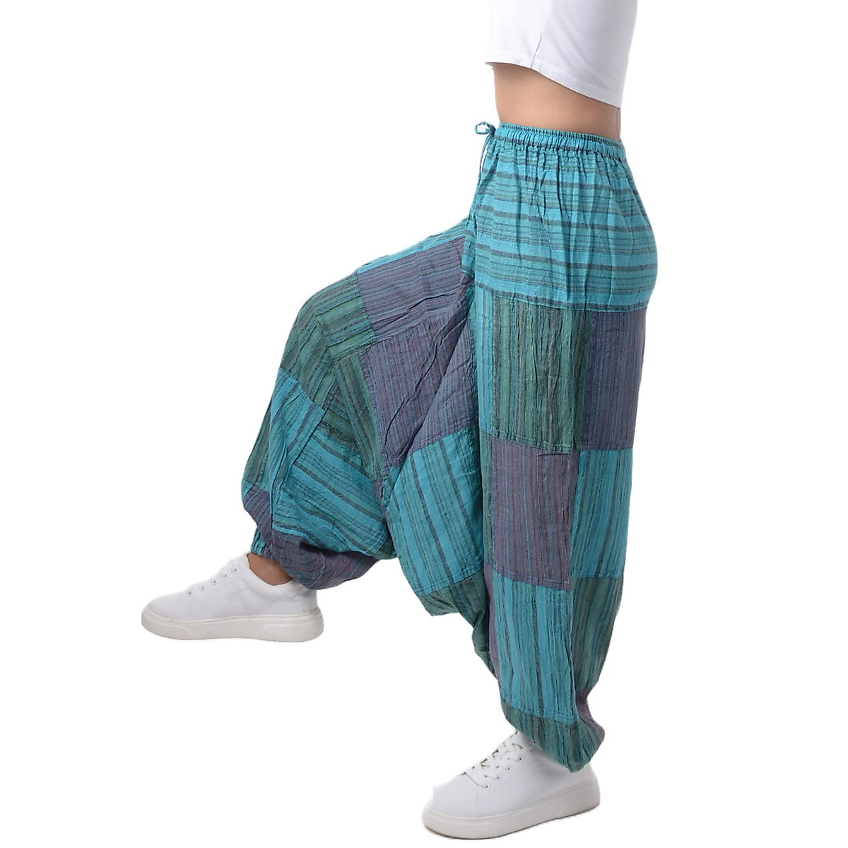 PEACH PEBBLE Harem Pants Unisex, Hippie 100% Cotton Soft Yoga Boho Trousers, Hippie Colorful Patchwork Pants Men Women Casual Fashion Aladdin Dhoti Stoned Washed Drop Crotch pare Cotton - Blue Turtle