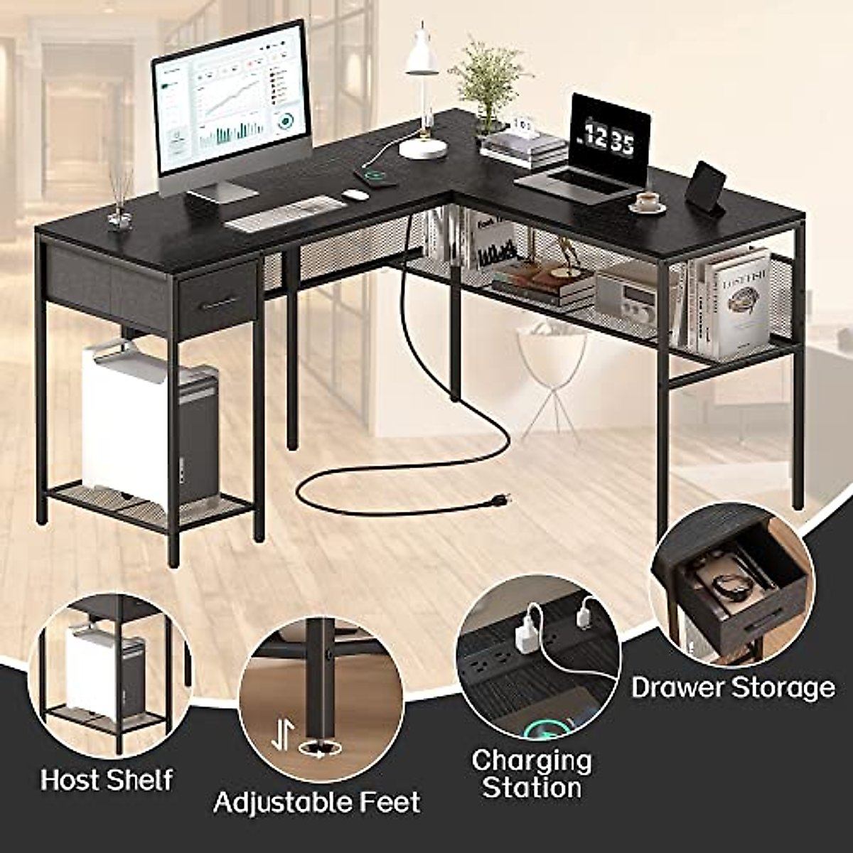 SUPERJARE L Shaped Desk with Power Outlets, Computer Desk with Drawer, Reversible Corner Desk with Grid Storage Bookshelf, Home Office Desk, Black