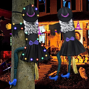 63" Large Crashing Witch Into Tree Halloween Decoration with Led Lights, Hanging Witch Cute Halloween Decorations Outdoor Crashed Witch Props Ornaments for Front Yard Tree Porch Lawn Garden Patio