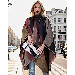 PAMEILA Women's Travel Plaid Shawl Wraps Open Front Poncho Cape Warm Oversized Sweaters Casual Cardigan Shawls for Fall Winter,Series 01-Khaki