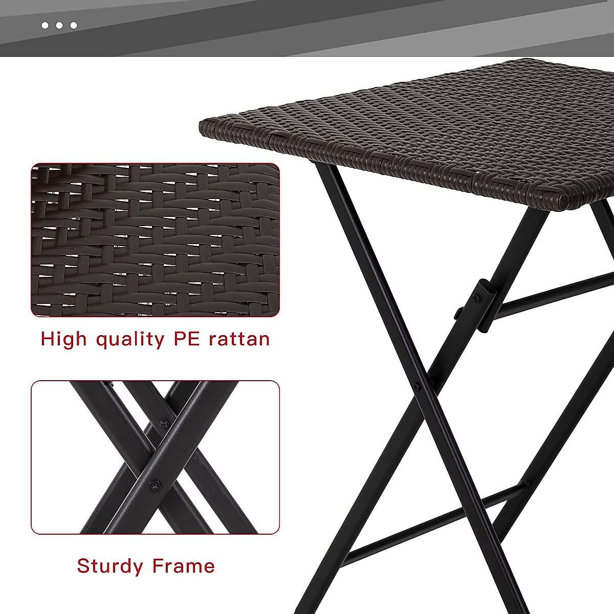 FDW 3 Pieces Patio Set Folding Outdoor Patio Furniture Sets Foldable Wicker Bistro Set Rattan Chair Conversation Sets Garden Furniture for Yard Lawn Balcony Poolside Backyard No Assembly Needed,Brown