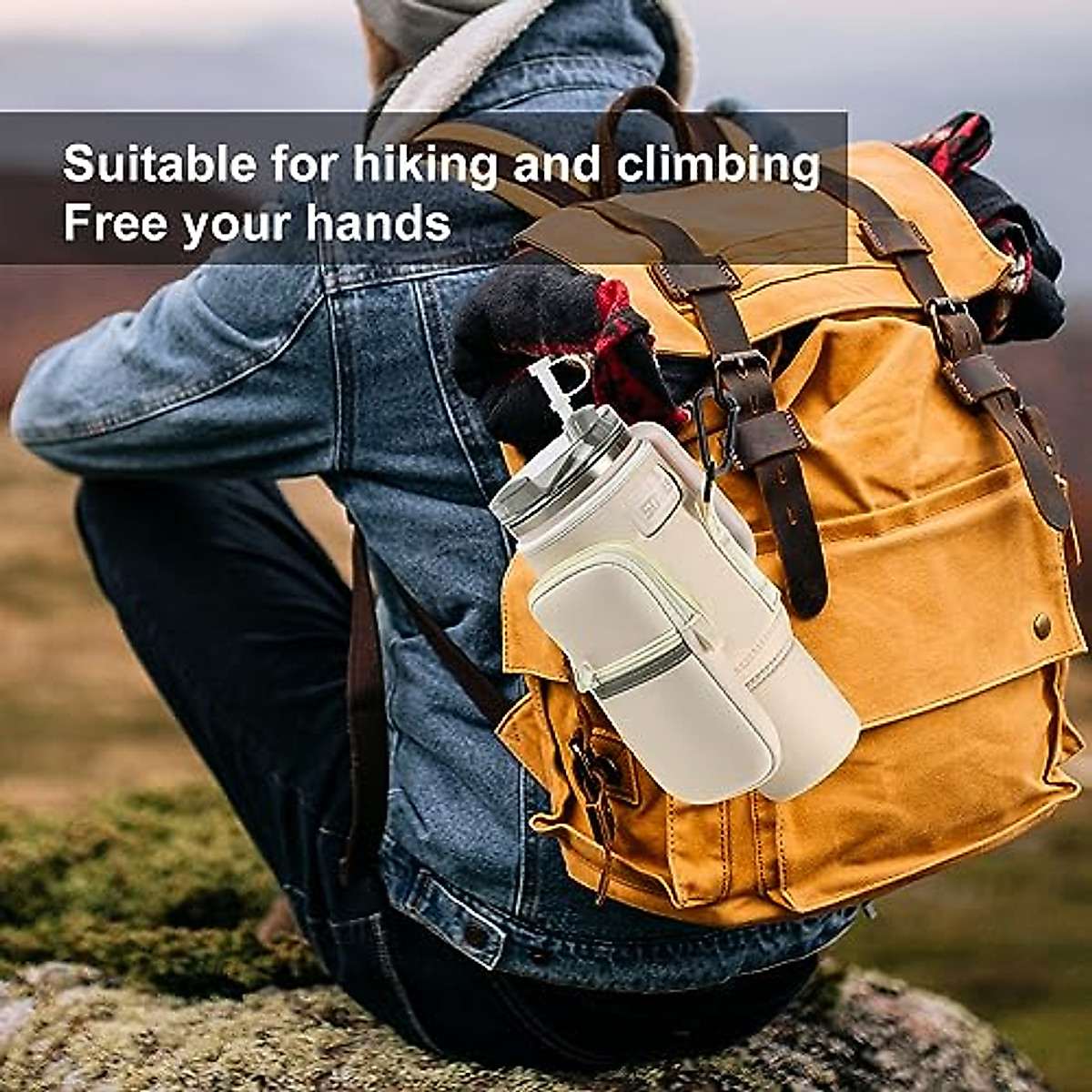 Water Bottle Holder with Strap for Stanley 40oz Tumbler with Handle, Water Bottle Carrier Bag with Phone Pocket, Tumbler Accessories for Stanley, Water Bottle Sleeve for Walking Hiking Camping(Pink)