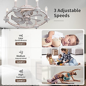 KINGTORO Rustic White Chandelier Ceiling Fans with Lights, 20.5" Wagon Wheel Chandelier,Adjustable Height,3 speeds,Fandelier with Lights and Remote for Kitchen Dining Room Living Room