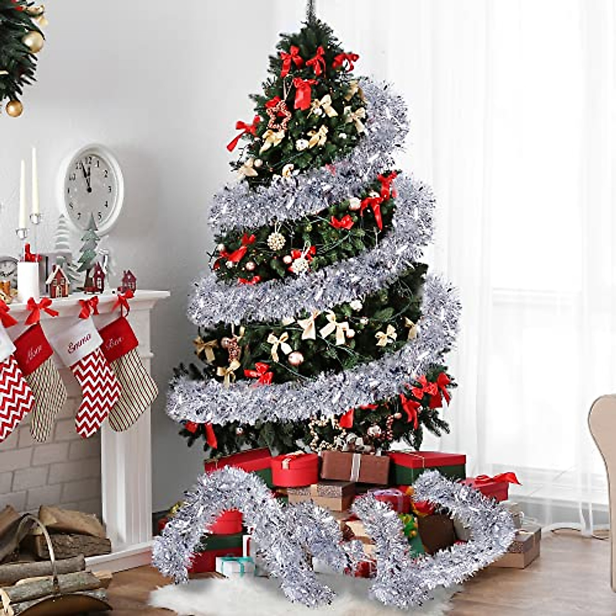 Sggvecsy 49.2Ft Christmas Silver Tinsel Garland Xmas Tree Decorations Christmas Metallic Twist Garland Ceiling Hanging Decorations for New Year Party Birthday Holiday Indoor Outdoor Supplies