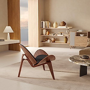 VOMXUF Mid Century Modern Shell Lounge Chair, Faux Leather, Scandinavian Furniture Tripod Plywood Classic Design Solid Wood Accent Chairs for Living Room, Reading, Lounge, Office, Salon