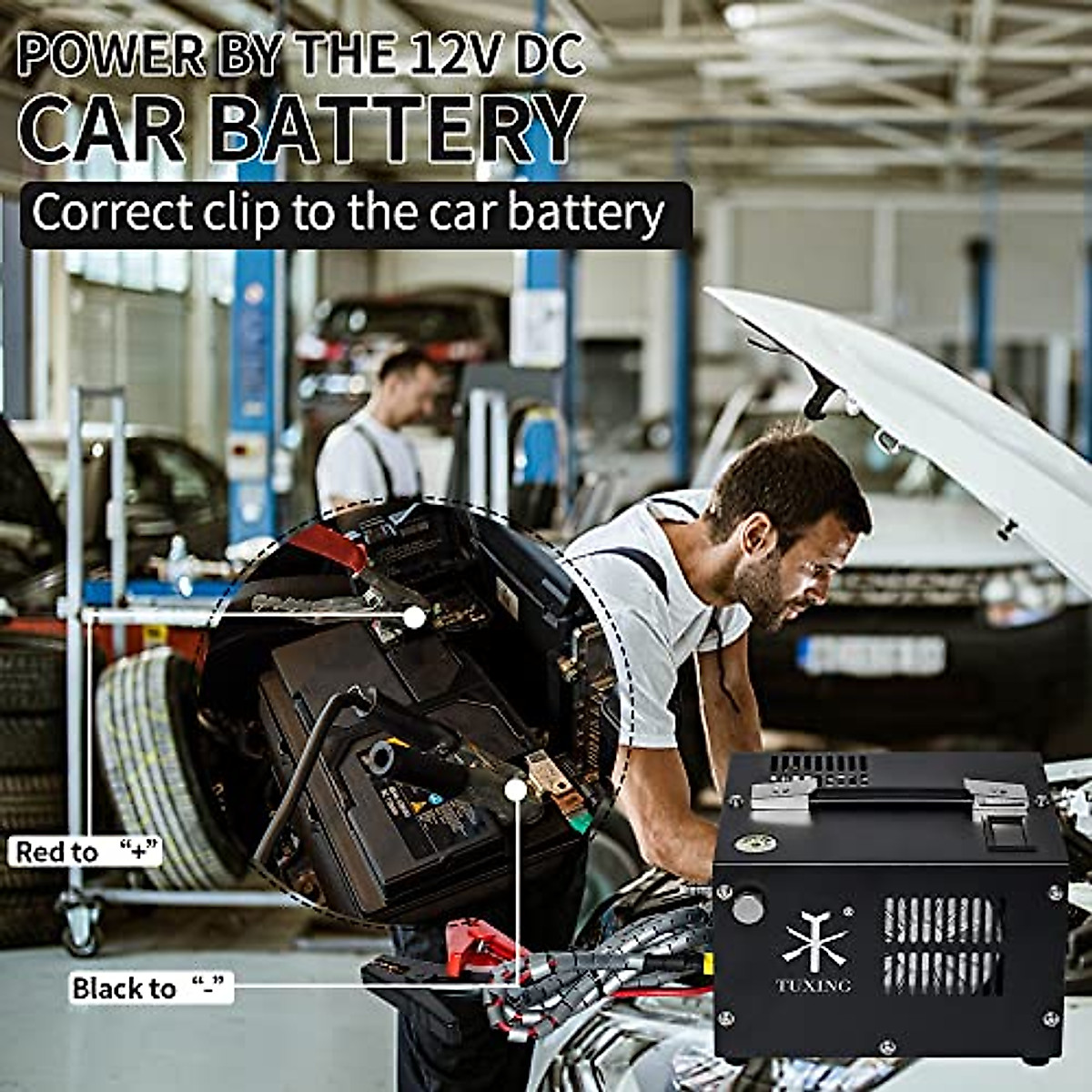 TUXING Pcp Air Compressor,4500Psi 30Mpa 300Bar,Oil/Water-Free,Powered by Car 12V DC or Home 110V AC with Converter (Included),Pump for PCP Air Rifles and Airguns (TXES061)