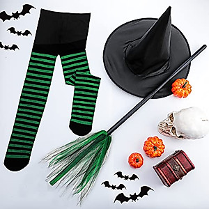 Halloween Witch Costume Accessories Set Witch Broom Plastic Broomstick Black Witch Hat Striped Tights for Halloween Party (Green)