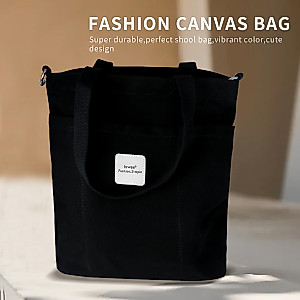 Iswee Canvas Tote Bag with Zipper Multi Pockets Tote Purse for Women Fashion Crossbody Tote Shoulder Bag Handbag Everyday Bag(Black)