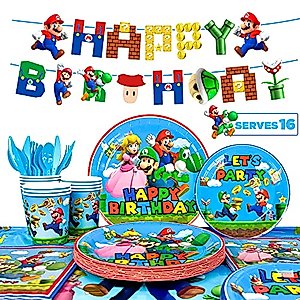 Su-perr M-arioo Birthday Party Supplies-128pcs Su-perr M-arioo Tableware Party Supplies Include M-arioo Party Plates and Napkins Cups Tablecloth for Boys/Girls M-arioo Theme Birthday Party Decorations