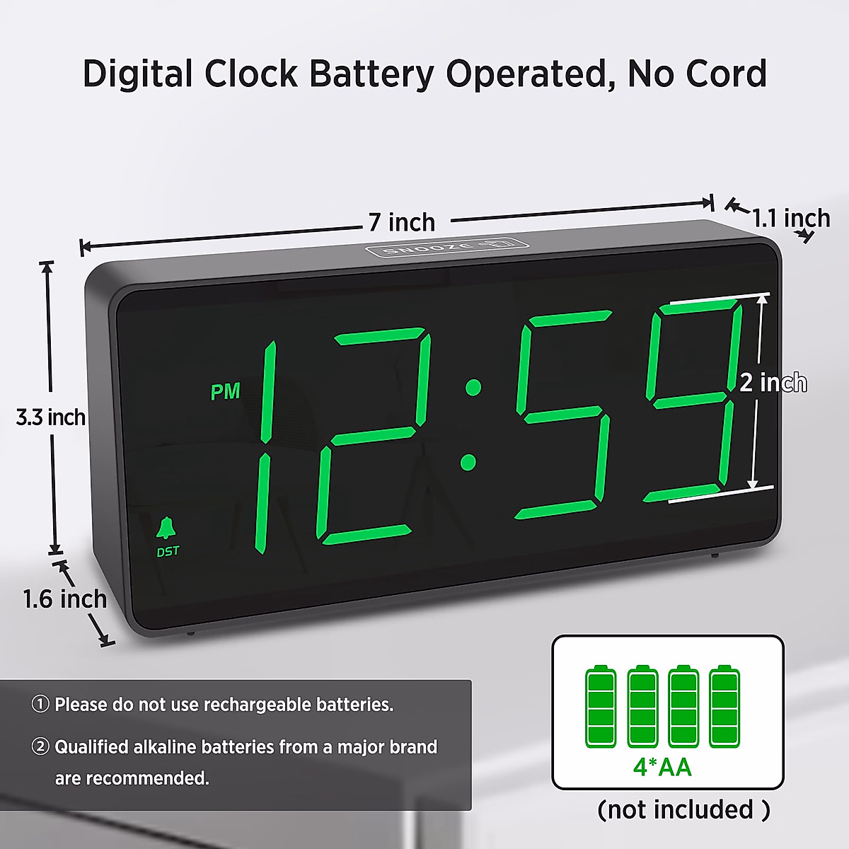 Peakeep Battery Operated Digital Clock, Alarm Clock for Bedrooms - Cordless Large Big Numbers 4 Dimmers for Seniors, Adjustable Volume Loud Alarm Clock for Heavy Sleepers Adults (Green Digits)