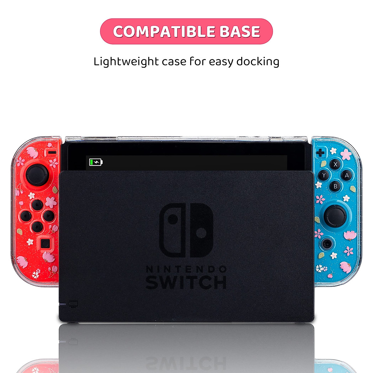 RHOTALL Cute Case Compatible with Nintendo Switch, Kawaii Accessories for Switch, Glitter Crystal Clear Cover for Switch and Joy Con Controller with 2 Glitter Thumb Grips - Cherry Blossoms