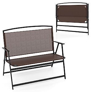 Tangkula Folding Outdoor Garden Bench, 2-Person Patio Bench with Backrest and Armrests, Outdoor Portable Folding Loveseat for Front Porch, Backyard (Brown)