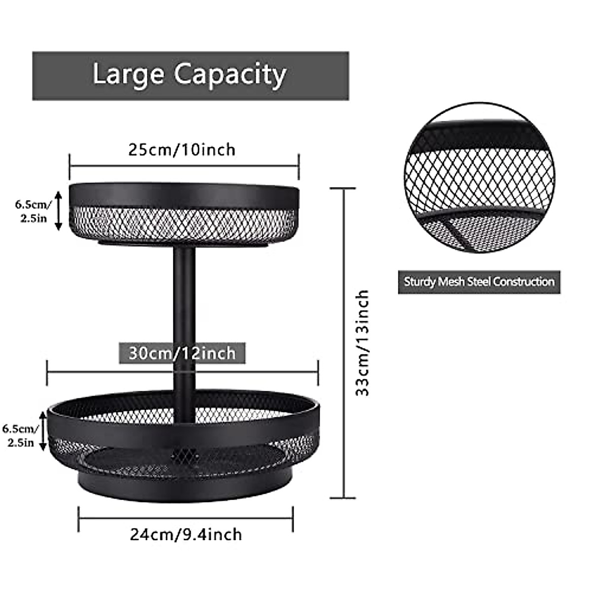 IBERG 2 Tier Fruit Basket Mesh Fruit Bowl - Basket Stand for Fruits Vegetables Bread Snacks (Black)