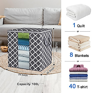 Fixwal Large Blanket Clothes Organization 100L 3 Pack Storage Containers Foldable Organizer with Reinforced Handle for Comforters Bedding Grey