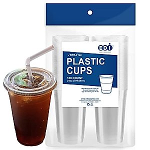 EDI [20 oz. - 100 Sets] Crystal Clear Disposable PET Plastic Cups with Flat Lids and Straws