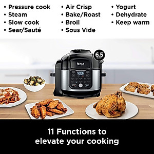 Ninja FD302 Foodi 11-in-1 Pro 6.5 qt. Pressure Cooker & Air Fryer that Steams, Slow Cooks, Sears, Sautés, Dehydrates & More, with 4.6 qt. Crisper Plate, Nesting Broil Rack & Recipe Book, Silver/Black