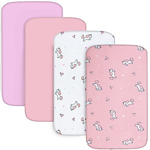 Bassinet Sheet 4 Pack for Baby Girls, Bassinet Sheets Universal Fit for Rectangle, Oval, Hourglass Bassinet Pad/Mattress, Stretchy Bassinet Sheets, Pink Print