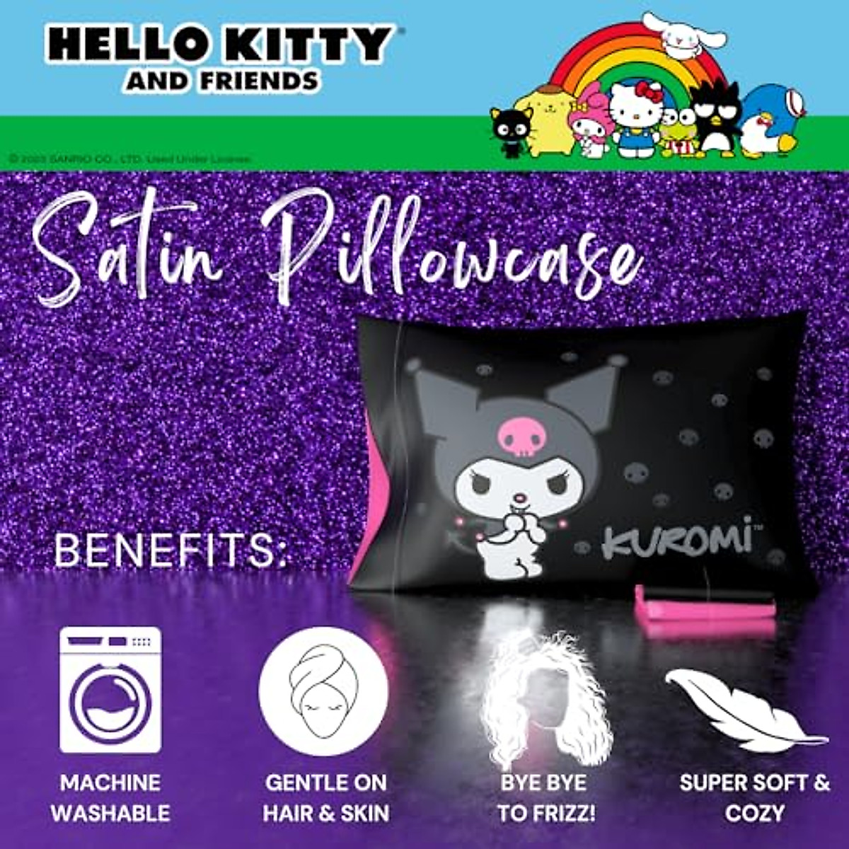 Franco Collectibles Hello Kitty & Friends My Melody & Kuromi Beauty Silky Satin Standard Reversible Pillowcase Cover 20x30 for Hair and Skin, (Officially Licensed Product)