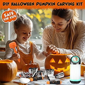 HAUSHOF 24PCS Halloween Pumpkin Carving Kit, Safe and Easy Pumpkin Carving Tools, Stainless Steel Pumpkin Carving Stencils for Halloween Jack-O-Lanterns, With Hammer & Camping Lantern