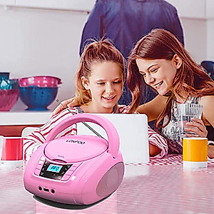 LONPOO Portable CD Player Kids Gift Boombox Classic Stereo Sound System Outdoor Speaker with FM Home Audio Radio, Bluetooth, Aux-in, USB Playback, Pink