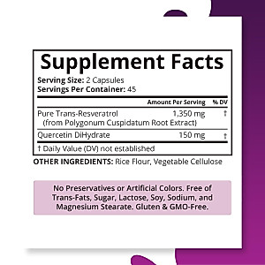 Purity Labs Pure Trans-Resveratrol Supplement + Quercetin 1500mg, Vegan Supplements for Heart, Skin Hair Nails, Anti Aging Antioxidant Supplement 90ct