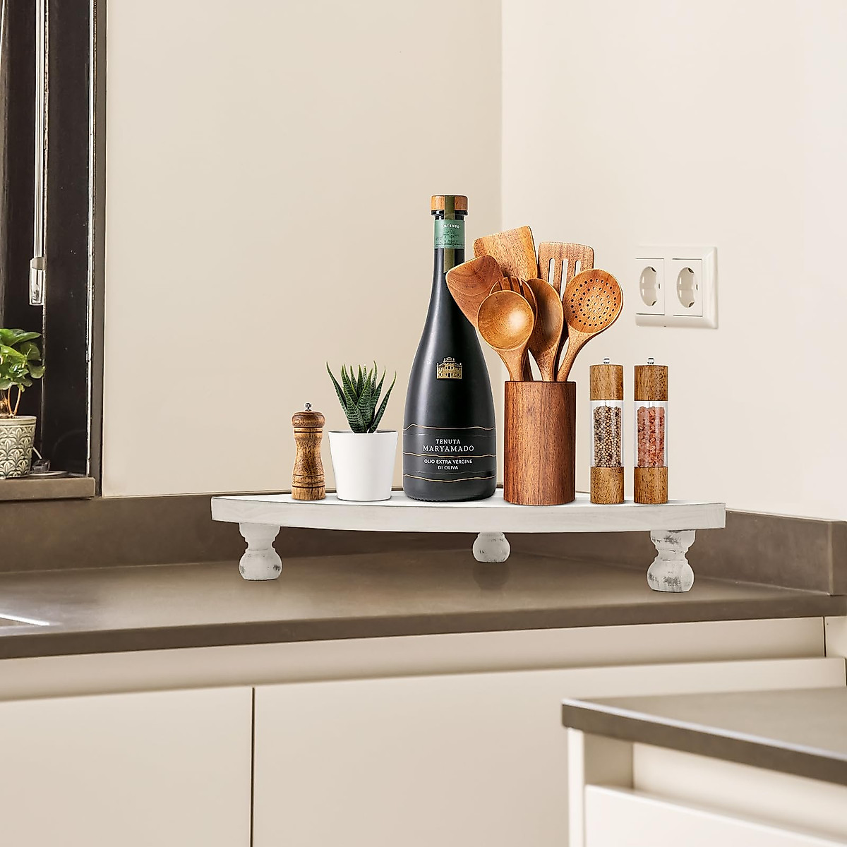 Corner Counter Wood Shelf, Rustic Pedestal Stand, Farmhouse Corner Shelves Stand, Tray Riser for Coffee Bar, Bathroom Countertop Organizer Corner, Centerpiece Display Riser for Kitchen, Bathroom