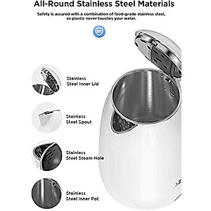 AZEUS Electric Kettle 1500W Cool Touch Tea Kettle Anti-scalding Design 1.8L Large Capacity Double Wall Kettle Cordless Water Boiler with Auto Shut-Off and Boil-Dry Protection, BPA-Free, White