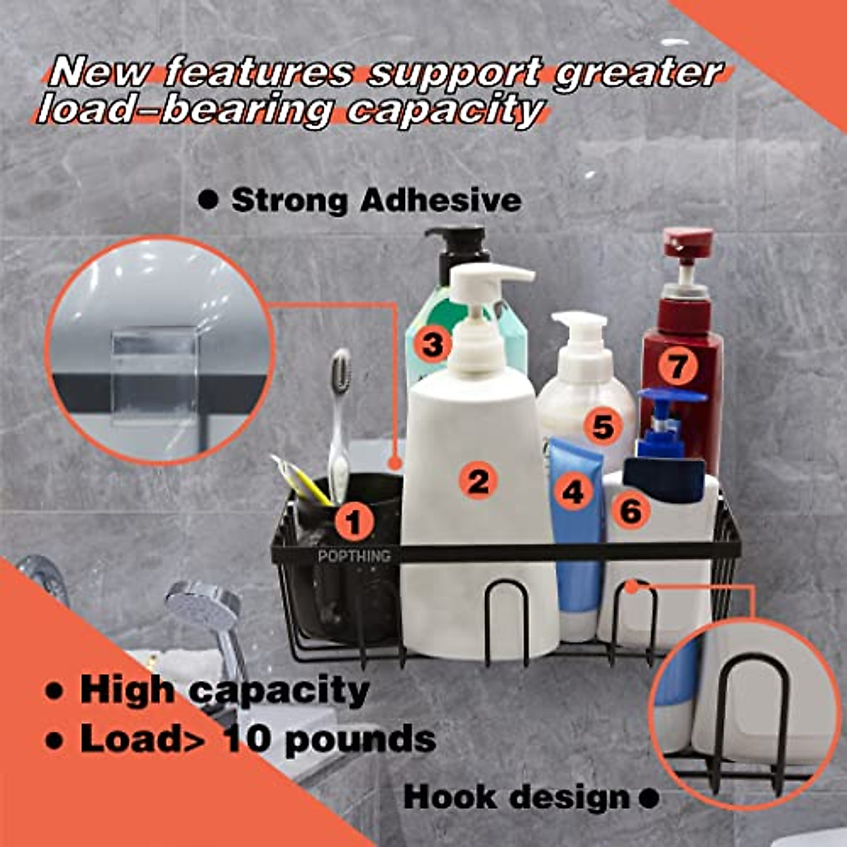 PoPThinG Shower Caddy, Bathroom Storage Shelf, Shampoo Organizer Basket with 3 Hooks and 2 Paste Adhesive. Large Capacity, Not Easy to Fall. Rust Proof Metal Shower Rack, Kitchen Storage. ( Black )