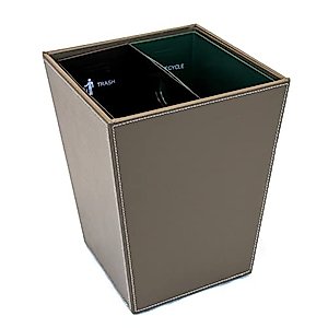 Hospitality Source Leatherette Recycle Waste Bin with Dual Liners for Home or Office. 14.5 Quart Capacity. (Brown)