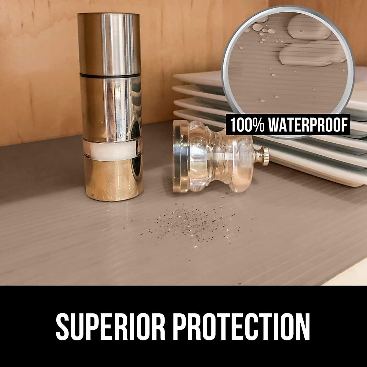 Gorilla Grip Drawer Liner and Ribbed Drawer Liner, Shelf Liner Size 12x20, Bathroom Storage Shelves, Ribbed Liner Size 17.5x20, Desk Storage, Both in Beige, 2 Item Bundle