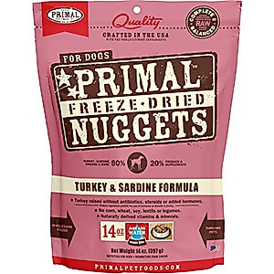 Primal Freeze Dried Dog Food Nuggets Turkey & Sardine 14 oz, Complete & Balanced Scoop & Serve Healthy Grain Free Raw Dog Food, Crafted in The USA
