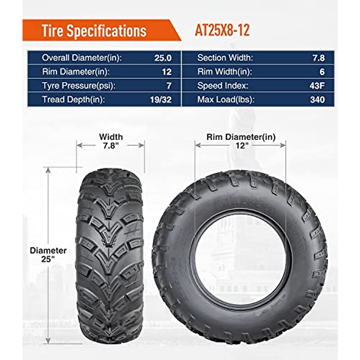 HALBERD 6PR ATV/UTV Tires, 25x8-12 All Terrain 15mm Tread Depth 25x8x12 Trail Sand Off-Road Tires, Set of 2 ATV Tires