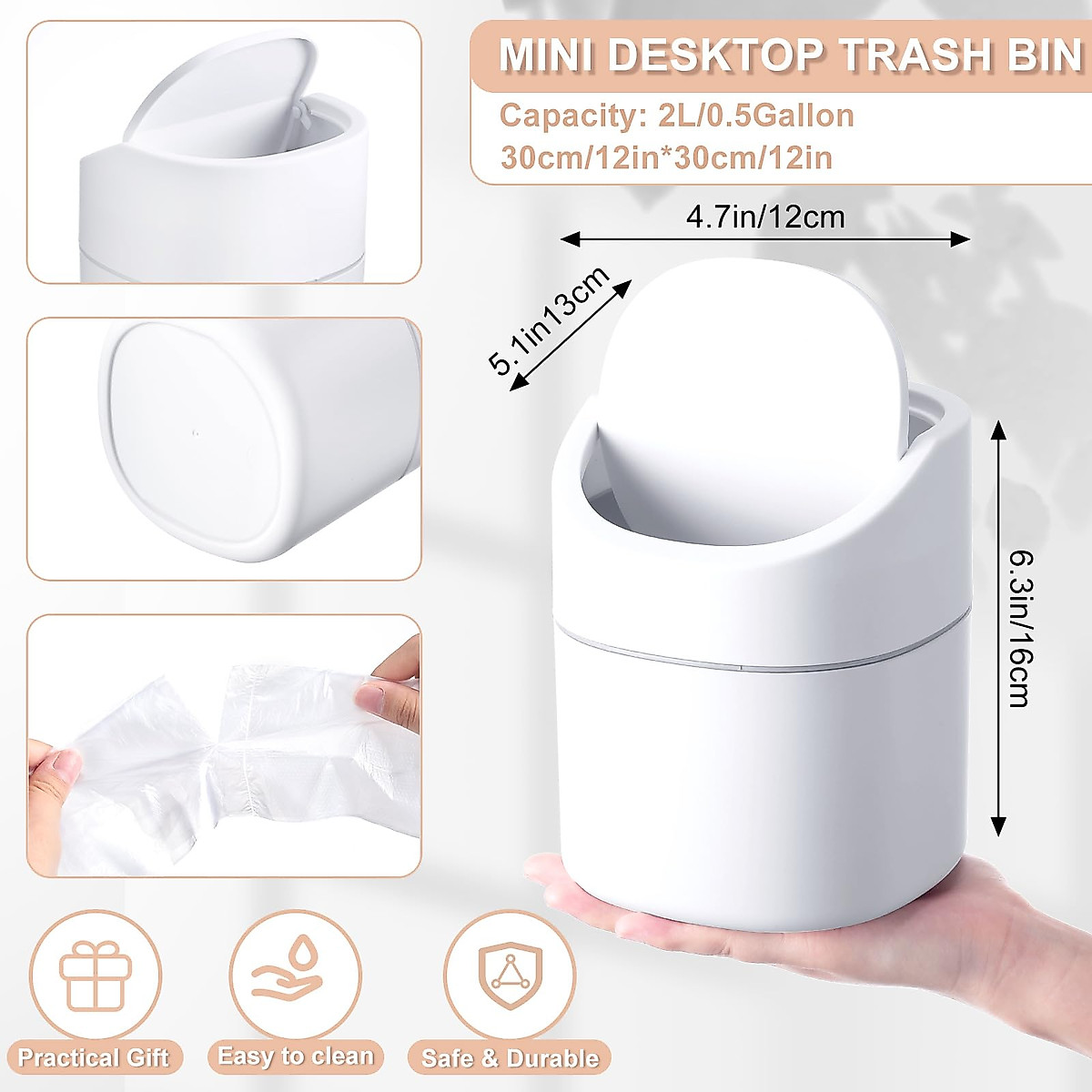 Kittmip 2 Pcs Mini White Desk Trash Garbage Can with Lid and 360 Pcs Trash Bags White 0.5 Gallon Tiny Countertop Waste Basket Desktop Trash Bin for Bathroom Kitchen Table Office