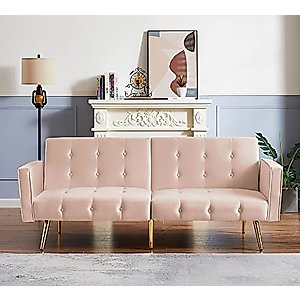 Antetek 76-inch Velvet Futon Sofa Bed Convertible Sleeper Sofa Couch, Upgrade Button Tufted Oversized Loveseat Sofa with 3 Adjustable Positions and 6 Metal Legs for Living Room Bedroom Office, Pink