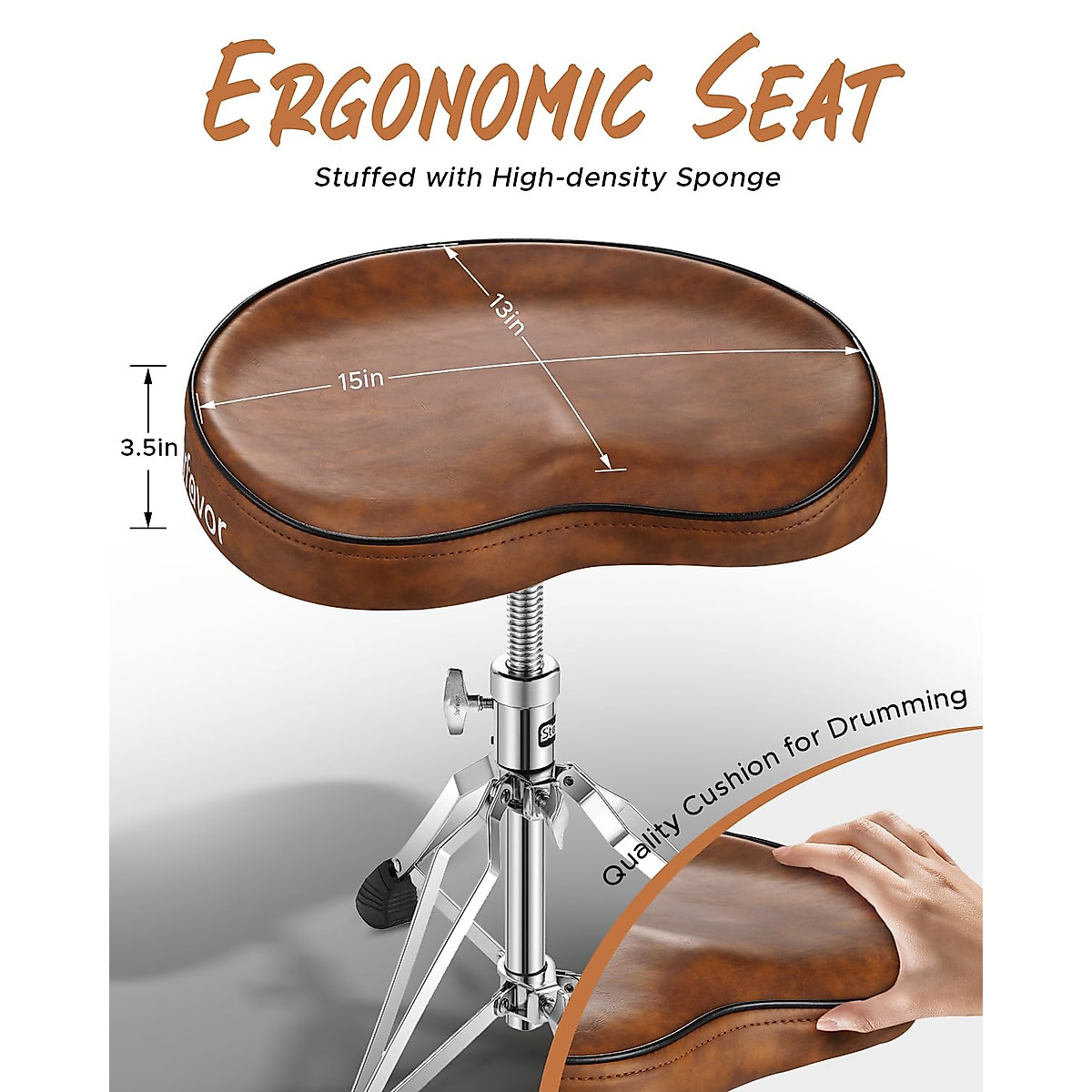 Starfavor Drum Throne Height Adjustable Padded Seat Drum Stool, with Double Braced Anti-Slip Feet Swivel Drum Chair, Butt Shape, Brown, ST-550BR