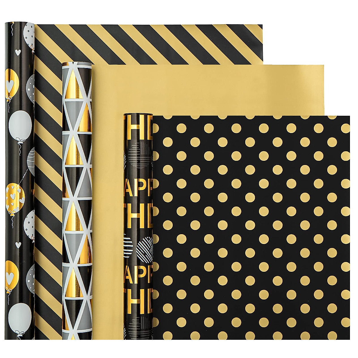 WRAPAHOLIC Reversible Birthday Wrapping Paper Roll - Mini Roll - 3 Rolls - 17 Inch X 120 Inch Per Roll - Happy Birthday Lettering and Balloon for Kid's Birthday, Party, Baby Shower