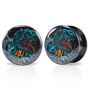 POBAISITER 1 Pair Acrylic Solid Screw On Ear Gauges Jurassic Dinosaur Tyrannosaurus Roar 2g- 1 Inch LOGO Drawing Allergy Free For Women For Men Body Piercing Jewelry