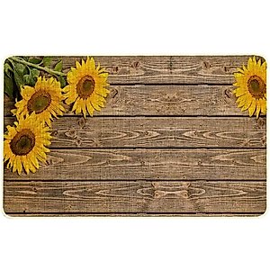 Yellow Sunflower On Vintage Brown Wood Grain Printing Comfort Mat Kitchen Floor Mats Farmhouse Comfort Rug Carpet Kitchen Non-Slip Mat and Rugs for Kitchen Sink Laundry Room Cushioned Mat 18x30inch