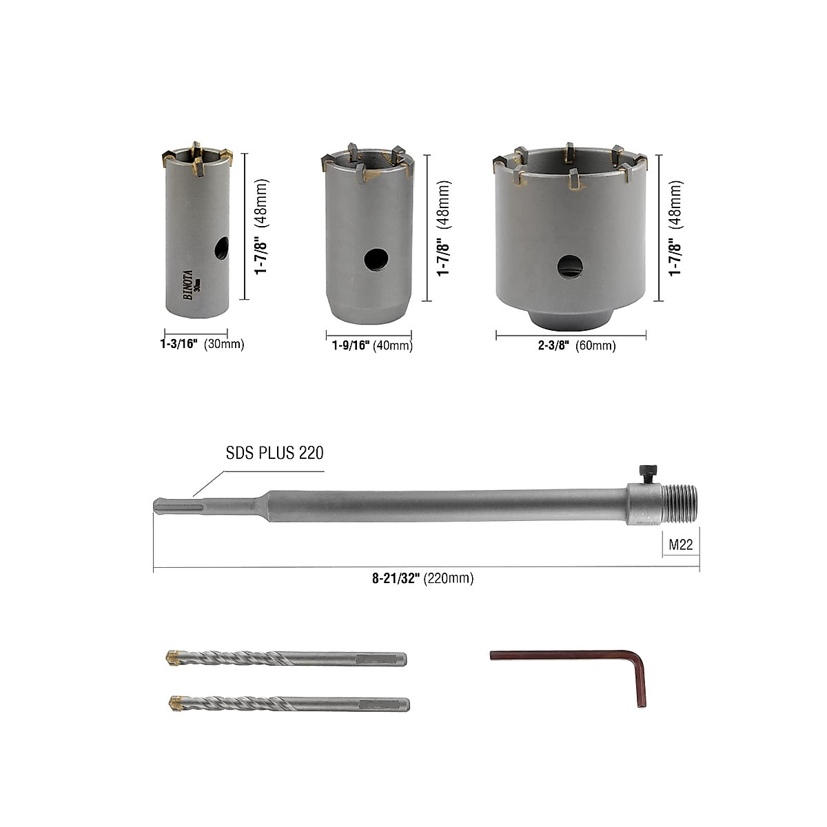BINOTA Concrete Hole Saw, Kit 40 55 80 100 110 130 MM, Arbor SDS Plus and MAX 300mm, for Masonry Cement Wall Brick Sands Stone Sable-Rock Self-Leveling